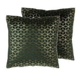 Beliani Dekokissen Grün 2er Set Polsterbezug Samt Struktur 45 x 45 cm Netzmuster Wohnzimmer Salon Schlafzimmer - Gold