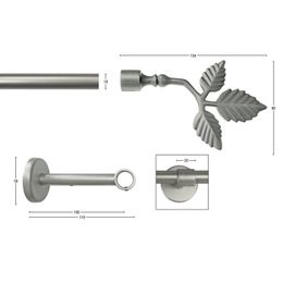 Gardinenstange SHEET, Garesa, Ø 16 mm, 1-läufig, Wunschmaßlänge, mit Bohren, verschraubt, Metall, Vorhanggarnitur, verlängerbar, Knopf mit Blätter, ohne Ringe, silberfarben