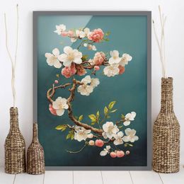 Bilderwelten Bild mit Rahmen Zweig mit Bl&uuml;ten auf T&uuml;rkis
