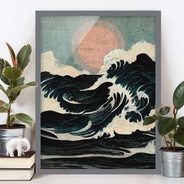 Bilderwelten Bild mit Rahmen Shabby Wellen Illustration mit Sonne