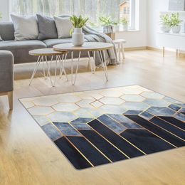 Teppich Goldene Sechsecke Blau Weiß