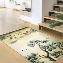 Teppich Japanische Aquarell Zeichnung Kiefer und Bergdorf