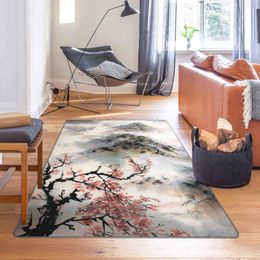 Teppich Japanische Aquarell Zeichnung Kirschbaum und Berge