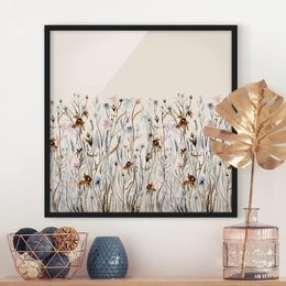 Bilderwelten Bild mit Rahmen Blumen beige Vintage inkl. Rahmung - Wilde Trockenblumenwiese - Blumenwiese Wohnzimmer Schlafzimmer