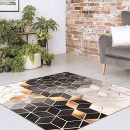 Teppich Schwarz Weiß goldene Geometrie