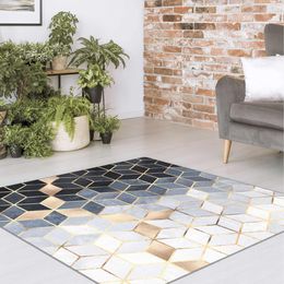 Teppich Blau Weiß goldene Geometrie