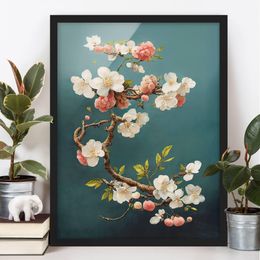 Bild mit Rahmen Zweig mit Bl&uuml;ten auf T&uuml;rkis