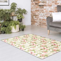 Teppich Grüne Blätter mit Rosa Blüten in Aquarell