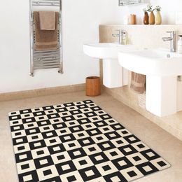Teppich Geometrisches Muster aus Schwarz Beigen Quadraten