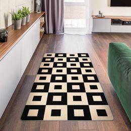 Teppich Geometrisches Muster aus Schwarz Beigen Quadraten