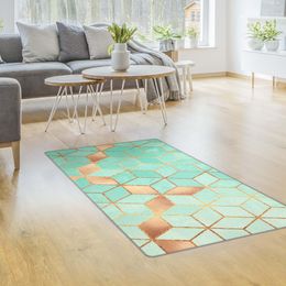 Teppich Türkis Weiß goldene Geometrie
