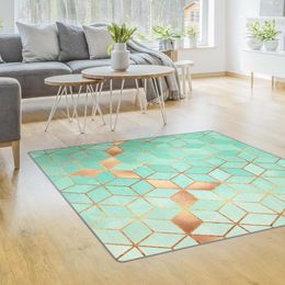 Teppich Türkis Weiß goldene Geometrie