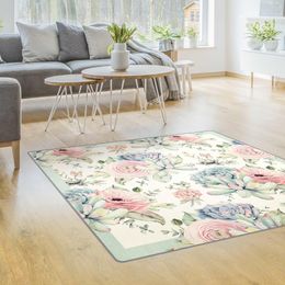 Teppich Aquarell Blumenbouquet mit Sukkulenten und Rahmen