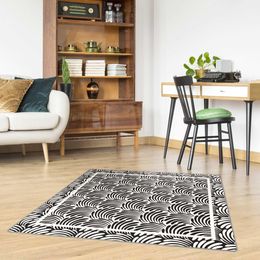 Teppich Quadratische Blätterornamente Schwarz Weiß mit Rahmen
