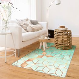 Teppich Türkis Weiß goldene Geometrie