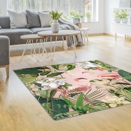 Teppich Tropische Flamingos mit Pflanzen in Rosa