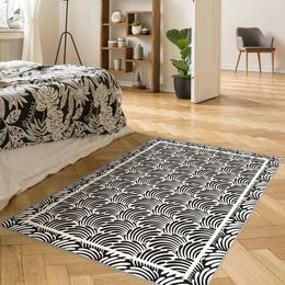 Teppich Quadratische Blätterornamente Schwarz Weiß mit Rahmen
