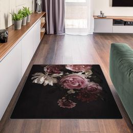 Teppich Rosa Blumen auf Schwarz Vintage