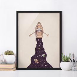Bilderwelten Bild mit Rahmen Himmel beige Illustration inkl. Rahmung - Kosmische Bootsfahrt - Boot Schiff & U-Boot Jugendzimmer