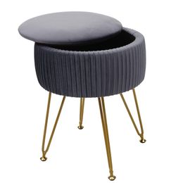 Sitzhocker MCW-K47, Hocker mit Staufach, &Oslash; 33cm, Samt-Optik ~ hellgrau, Gestell gold
