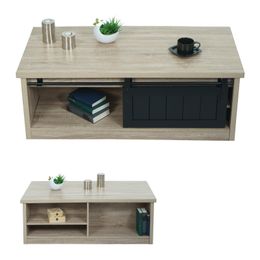 Couchtisch MCW-K75, Beistelltisch Wohnzimmertisch, Schiebet&uuml;re 6 Stauf&auml;cher, Holz-Optik Metall 44x120x60cm ~ naturfarben