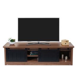 TV-Rack MCW-K75, Fernsehtisch TV-Board, Schiebet&uuml;ren Stauf&auml;cher, Holz-Optik Industrial Metall 150x40x43cm ~ braun