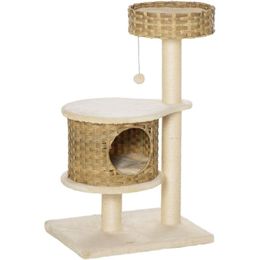 Kratzbaum Rattan Katzenbaum Kletterbaum mit Katzenhöhle Sisalstämmen Spielbälle Katzenmöbel Höhe 95 cm Sisal Natur+Beige - Natur+Beige - PawHut