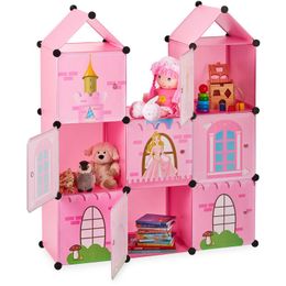 Steckregal Kinderzimmer, Prinzessinnenschloss, Kunststoff, diy Schrank mit Türen, hbt: 128 x 110 x 37 cm, rosa - Relaxdays