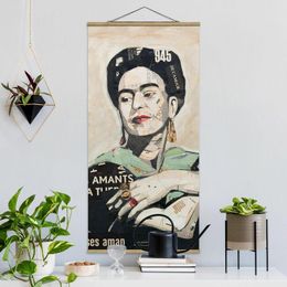 MICASIA Stoffbild mit Posterleisten - Frida Kahlo - Collage No.4 - Hochformat 2:1 Größe HxB: 100cm x 50cm Material: Eiche