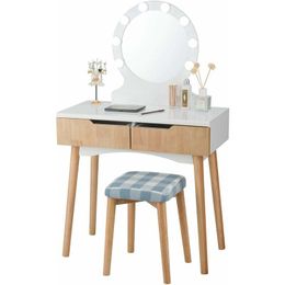 Costway Schminktisch, Make-up Tisch, Frisiertisch Holz, Frisierkommode, Kosmetiktisch mit beleuchtetem Spiegel und Hocker, Schminkkommode mit 2 Schubladen