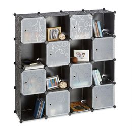Steckregal aus Kunststoff, erweiterbares Regalsystem mit Muster und Türen, 16 Fächer, 127x127x31,5 cm, schwarz - Relaxdays