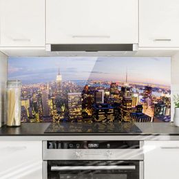 MICASIA Spritzschutz Glas - New York Skyline bei Nacht - Panorama Quer Größe HxB: 40cm x 100cm