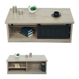 Couchtisch MCW-K75, Beistelltisch Wohnzimmertisch, Schiebetüre 6 Staufächer, Holz-Optik Metall 44x120x60cm ~ naturfarben