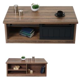 Couchtisch MCW-K75, Beistelltisch Wohnzimmertisch, Schiebetüre 6 Staufächer, Holz-Optik Metall 44x120x60cm ~ braun