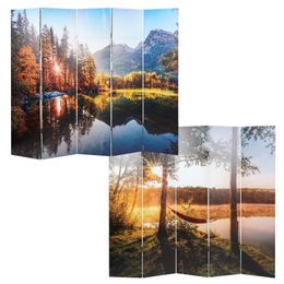 Foto-Paravent mit Schallschutz MCW-L55, akustischer Raumteiler Trennwand Sichtschutz, MVG ~ 180x204cm Waldsee