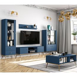 Lomadox Wohnwand MONTPELLIER-131, (5-St), dunkelblau, LED-Beleuchtung, Füße & Griffe goldfarben, mit Couchtisch
