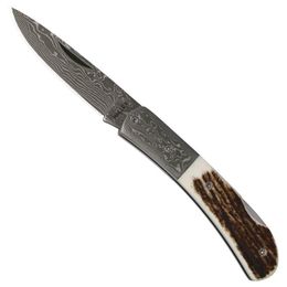 Haller Messer Taschenmesser Damast Schließmesser mit Hirschhorngriff Backlock