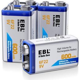 EBL 9 Volt Block Akku 600mAh Li-Ionen Wiederaufladbare Batterie 4 Stück Akku 600 mAh (9 V)