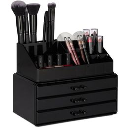 Make Up Organizer klein, 2-teilige Schminkaufbewahrung mit Schubladen, stapelbares Kosmetikregal, schwarz - Relaxdays