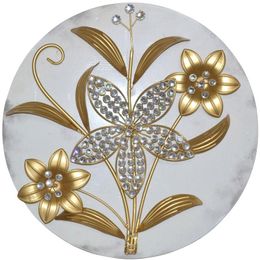Runde Wanddeko Blütenzweig mit vielen Glassteinen, creme-weiß
