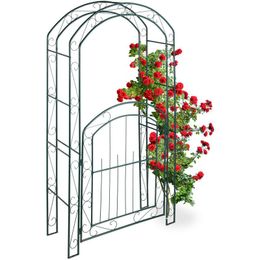 Relaxdays - Rosenbogen mit Tür, Garten Rankhilfe Kletterpflanzen, Torbogen Metall, wetterfest, hbt 215 x 115 x 43 cm, grün