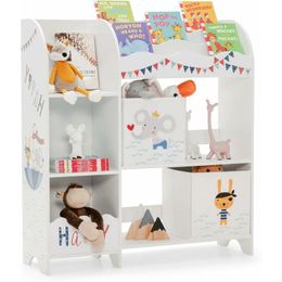 Kinderzimmerregal, mit 5 Faechern & 2 Aufbewahrungsboxen & 3 Regalen, Spielzeug-Organizer für Kleinkinder, für Spielzeug & Bücher Tier Pirat - Costway