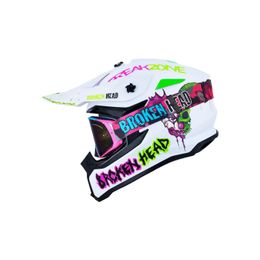 Broken Head Motocrosshelm Freakzone Weiß-Pink + MX-Brille Regulator Pink (Mit MX-Brille)