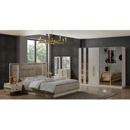 JVmoebel Schlafzimmer-Set Luxus Doppelbett Schlafzimmer Garnitur Holz Beige Stoff Bett Set 5tlg