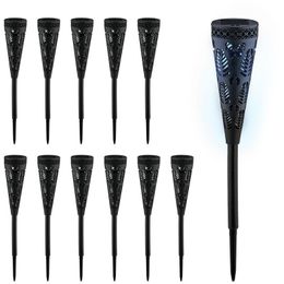 Solarlampe 12er Set, Fackel-Design, Gartenbeleuchtung mit Lichteffekt, h x d: 41 x 7 cm, mit Erdspieß, schwarz - Relaxdays