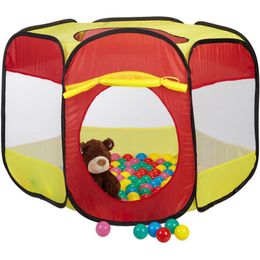 Bällebad mit 100 Bällen für Kinder, Popup Spielzelt als Ballpool ab 3, hbt: 70x85x100 cm, sechseckig rot-gelb - Relaxdays