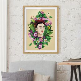 MICASIA Bild mit Rahmen - Frida Kahlo - Frida, Äffchen und Papagei Größe HxB: 24cm x 18cm, Rahmen: Eiche