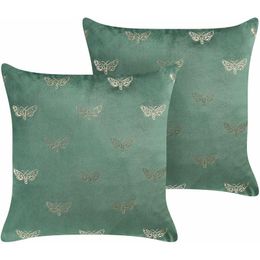 Beliani - Dekokissen 2er Set in Smaragdgrün / Gold Samtstoff 45 x 45 cm Quadratisch Schmetterling Muster Wohnaccessoires Deko für Sofa Sessel Bett