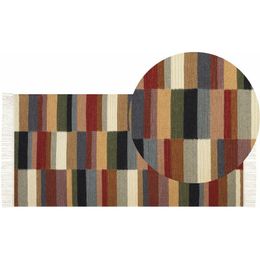 Beliani Kelim-Teppich Mehrfarbig Wolle und Baumwolle 80 x 150 cm mit Fransen Geometrischem Muster Handgewebt Boho Fußbodenheizung Geeignet - Bunt