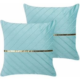 Beliani Dekokissen 2er Set in Hellblau aus Samt 45 x 45 cm Quadratisch Goldener Streifen Modern Edel Elegant für Wohnzimmer Schlafzimmer Sessel - Blau
